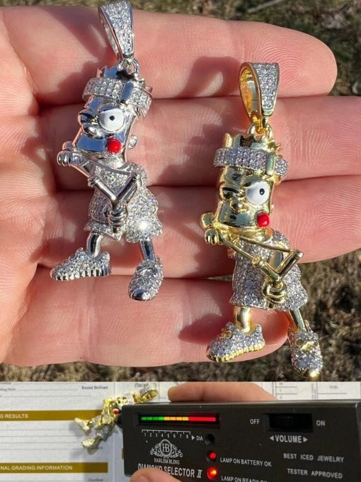 MOISSANITE Real Silver / Gold Iced Bart Simpson Pendant Necklace ...